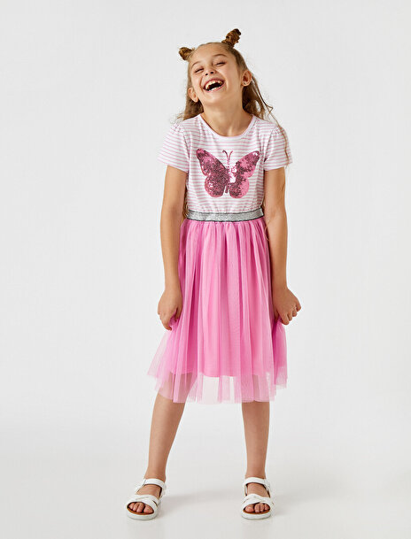 Koton Kız Çocuk Tüllü Elbise Pullu Çizgili Pamuklu