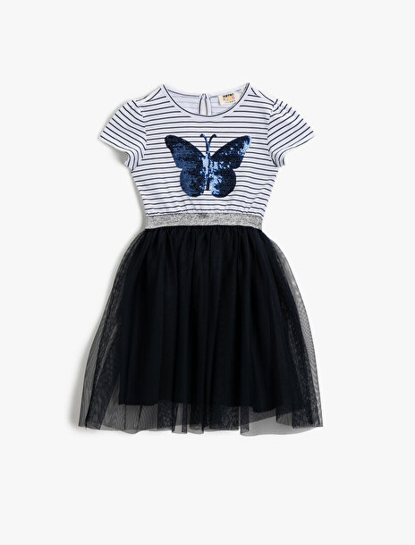 Koton Kız Çocuk Tüllü Elbise Pullu Çizgili Pamuklu