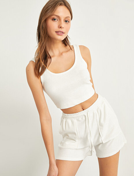 Koton Kadın Geniş Yaka Askılı Crop Tişört