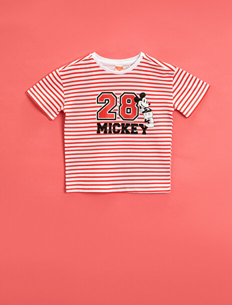 Koton Erkek Çocuk Mickey Mouse Tişört Lisanslı Çizgili Bisiklet Yaka