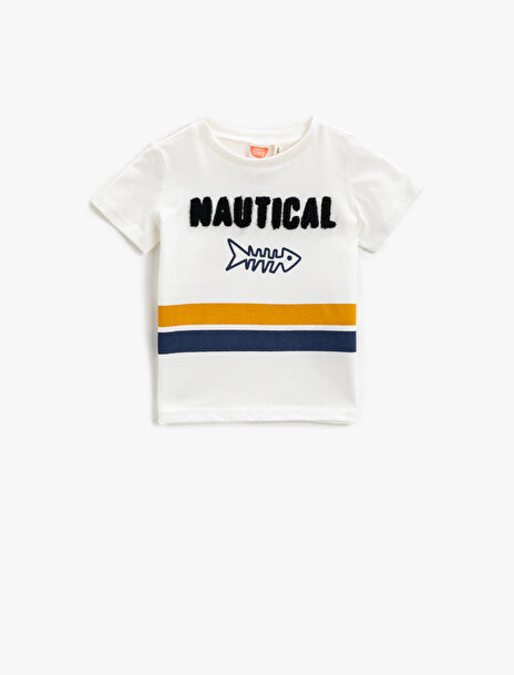 Koton Erkek Çocuk Kısa Kollu Tişört Şeritli Yazılı Baskılı Pamuklu