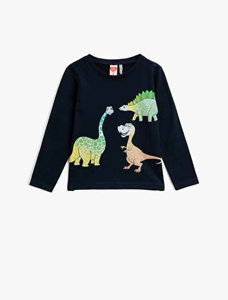 Koton Erkek Çocuk Dinazor Baskılı Pamuklu Uzun Kollu Bisiklet Yaka Tişört