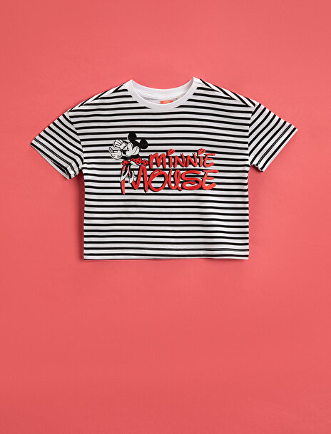 Koton Kız Çocuk Minnie Mouse Tişört Lisanslı Çizgili Pamuklu