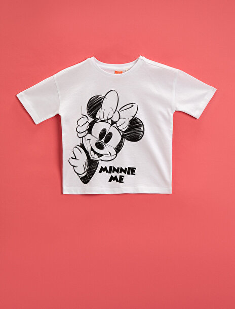 Koton Kız Çocuk Minnie Mouse Tişört Lisanslı Baskılı Bisiklet Yaka Pamuklu