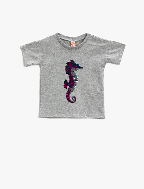 Koton Kız Çocuk Pullu Tişört Bisiklet Yaka Pamuklu