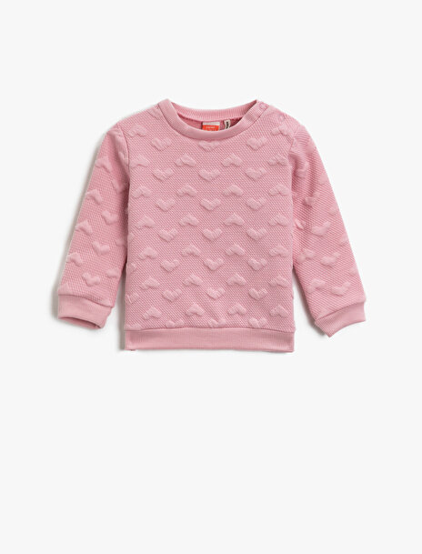 Koton Kız Çocuk Bisiklet Yaka Kalp Desenli Uzun Kollu Sweatshirt