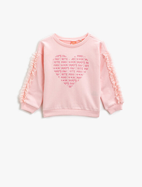 Koton Kız Çocuk Fırfırlı Pamuklu Baskılı Bisiklet Yaka Uzun Kollu Sweatshirt