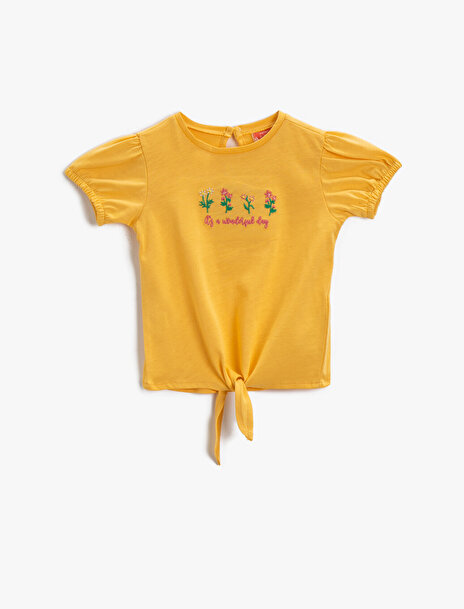 Koton Kız Çocuk Çiçekli Tişört Önden Bağlamalı Pamuklu