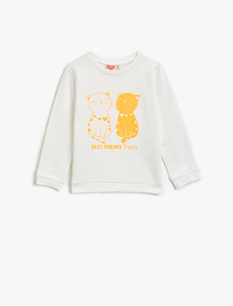 Koton Kız Çocuk Pamuklu Simli Baskılı Uzun Kollu Bisiklet Yaka Sweatshirt