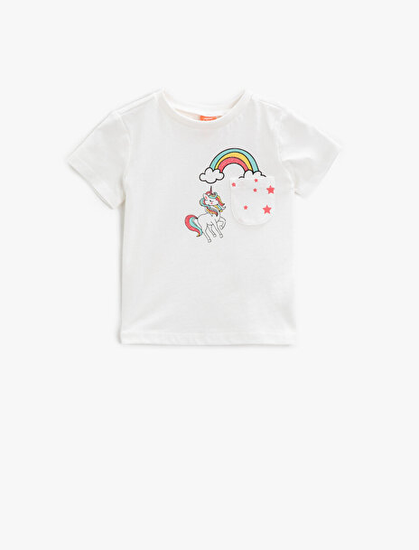 Koton Kız Çocuk Unicorn Tişört Pamuklu Kısa Kollu Bisiklet Yaka Baskılı