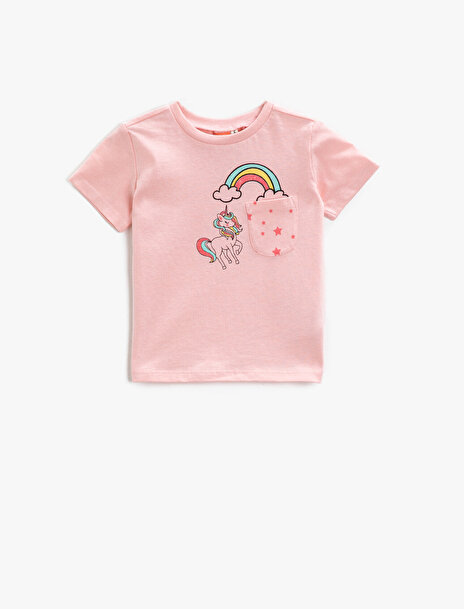 Koton Kız Çocuk Unicorn Tişört Pamuklu Kısa Kollu Bisiklet Yaka Baskılı