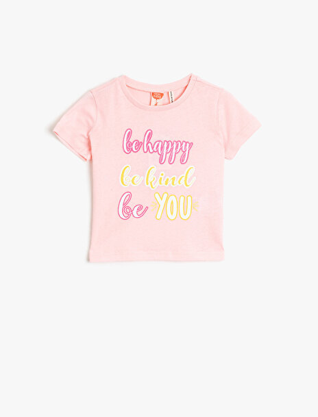 Koton Kız Çocuk Yazılı Tişört Pamuklu Kısa Kollu Bisiklet Yaka