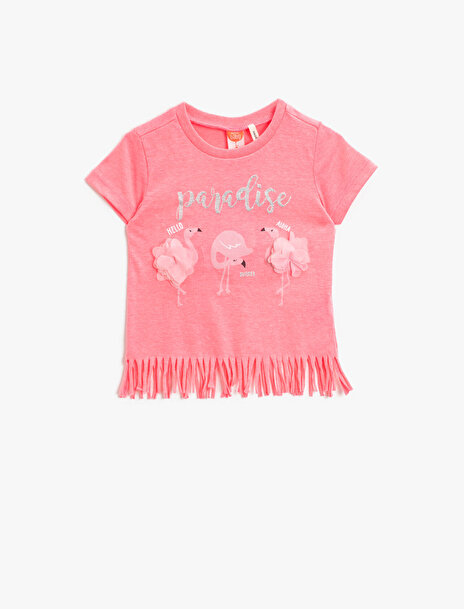 Koton Kız Çocuk Püsküllü Tişört Kısa Kollu Bisiklet Yaka Pamuklu Baskılı