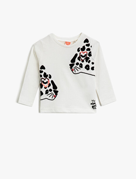 Koton Kız Çocuk Pullu Pamuklu Baskılı Uzun Kollu Bisiklet Yaka Tişört