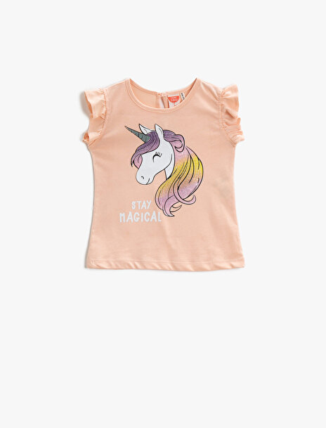 Koton Kız Çocuk Kolları Fırfırlı Pamuklu Tişört Unicorn Desenli
