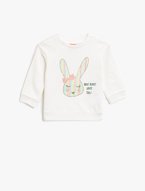 Koton Kız Çocuk Simli Baskılı Pamuklu Bisiklet Yaka Uzun Kollu Sweatshirt