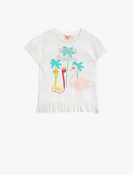 Koton Kız Çocuk Pamuklu Baskılı Püsküllü Bisiklet Yaka Kısa Kollu Tişört