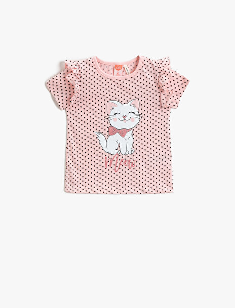 Koton Kız Çocuk Baskılı Tişört Fırfırlı Pamuklu