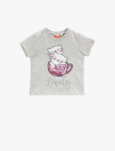 Koton Kız Çocuk Kedi Baskılı Tişört Pamuklu