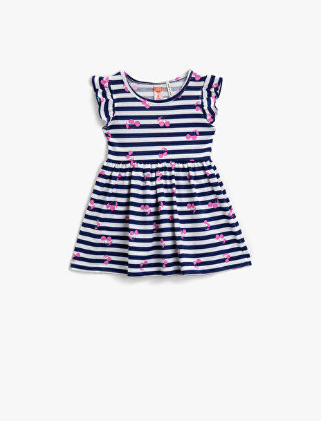 Koton Kız Çocuk Çizgili Elbise Pamuklu Bisiklet Yaka Baskılı