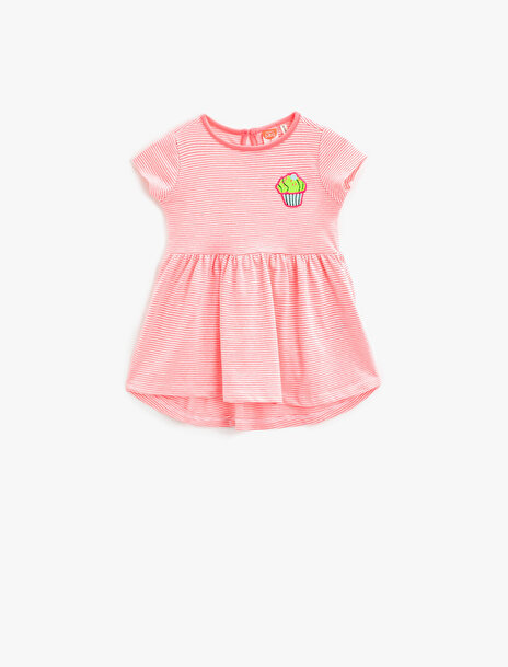 Koton Kız Çocuk Çizgili Elbise İşlemeli Pamuklu Bisiklet Yaka