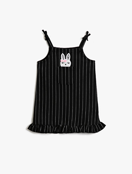 Koton Kız Çocuk Çizgili Cepli Tavşan Figürlü Pullu Askılı Elbise