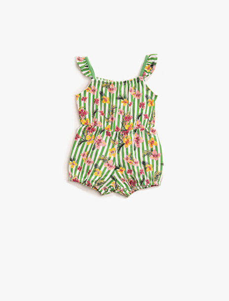 Koton Kız Çocuk Çiçekli Tulum Çizgili Pamuklu Askılı Çıtçıtlı