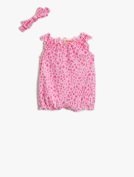 Koton Kız Çocuk Desenli Tulum Çıtçıtlı Pamuklu Saç Aksesuarlı