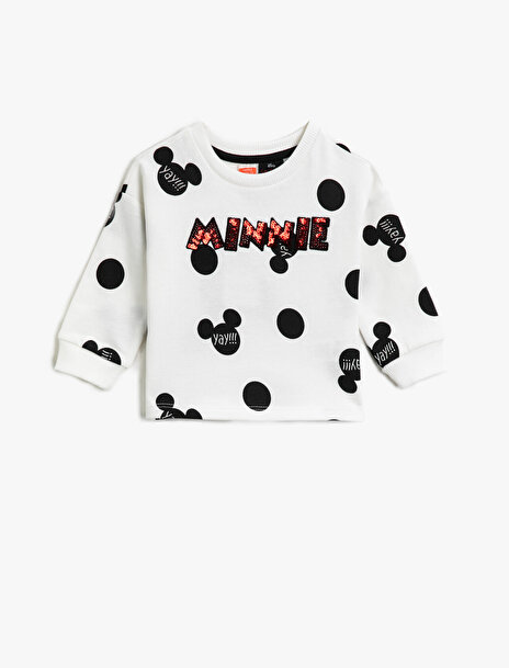 Koton Kız Çocuk Minnie Mouse Lisanslı Pullu Baskılı Bisiklet Yaka Pamuklu Sweatshirt