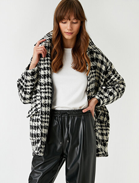 Koton Kadın Kazayağı Desenli Kaban Cepli