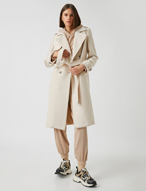 Koton Kadın Kruvaze Yaka Kuşaklı Uzun Kaban