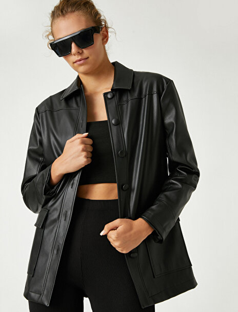 Koton Kadın Deri Görünümlü Kuşaklı Cepli Ceket