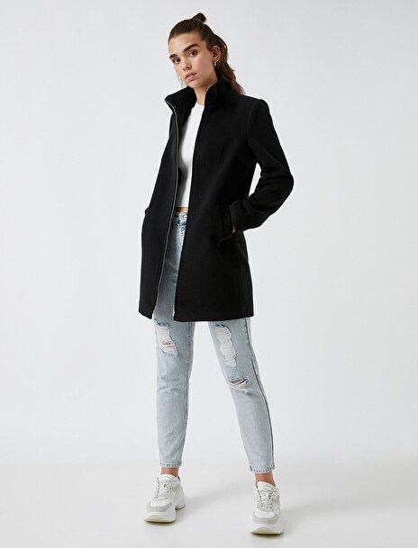 Koton Kadın Fermuarlı Cepli Kaşe Kaban