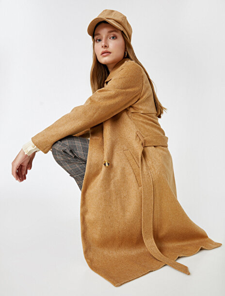 Koton Kadın Katlı Yaka Kruvaze Kaşe Uzun Kaban