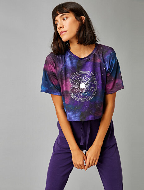 Koton Kadın Kısa Kollu Tişört Crop Baskılı Rahat Kesim