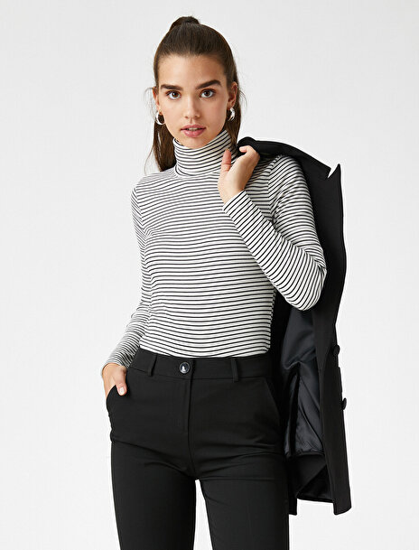 Koton Kadın Balıkçı Yaka Çizgili Uzun Kollu Basic Tişört