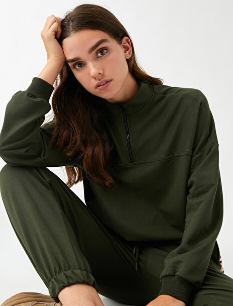 Koton Kadın Yakası Fermuarlı Sweatshirt Dik Yaka Pamuklu