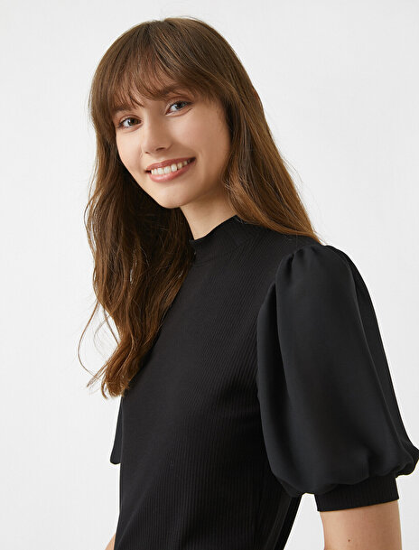 Koton Kadın Balon Kollu Tişört Kısa Kollu Tül Detaylı