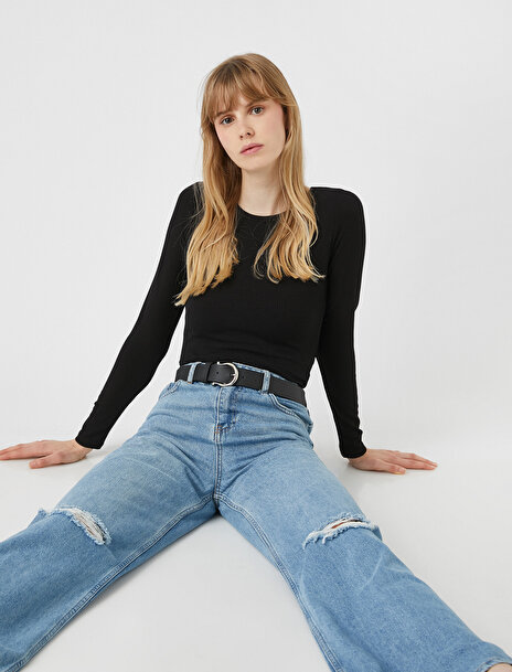 Koton Kadın Fitilli Tişört Uzun Kollu Bisiklet Yaka