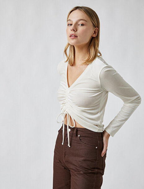 Koton Kadın V Yaka Önden Büzgülü Kadife Bluz