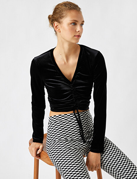 Koton Kadın V Yaka Önden Büzgülü Kadife Bluz