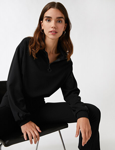 Koton Kadın Yakası Fermuarlı Sweatshirt Beli Lastiklii Bağlamalı