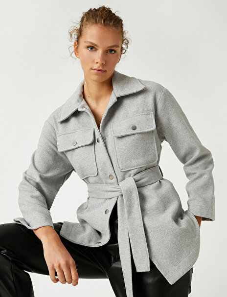 Koton Kadın Düğmeli Kuşaklı Cepli Ceket