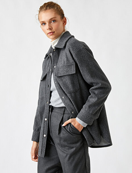 Koton Kadın Cepli Katlı Yaka Kaşe Gömlek Ceket