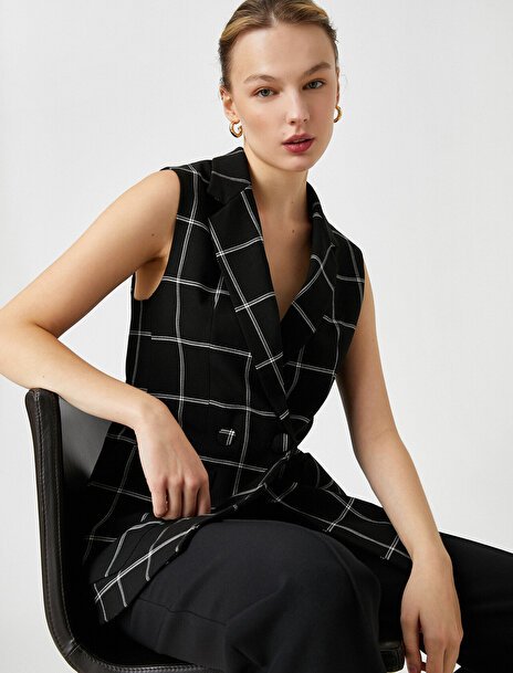 Koton Kadın Kareli Kolsuz Uzun Ceket