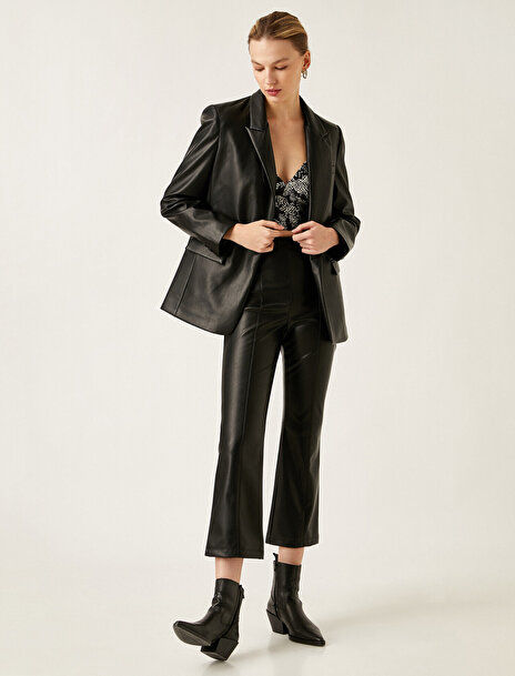 Koton Kadın Deri Görünümlü Geniş Paça Crop Pantolon