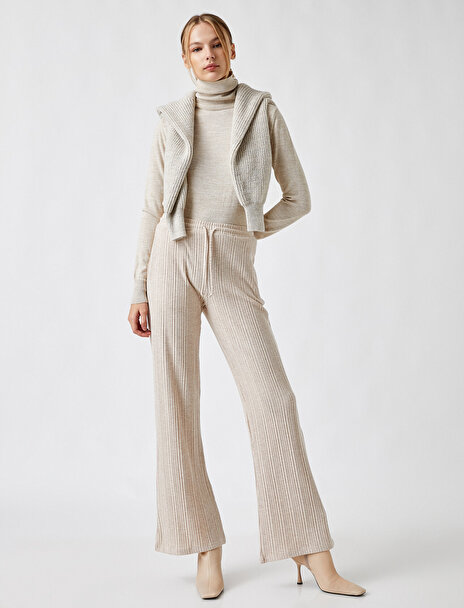 Koton Kadın Belden Bağlamalı Geniş Paça Fitilli Örme Pantolon