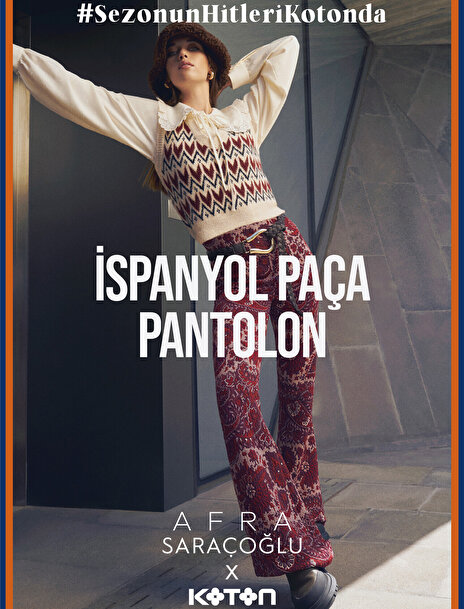 Koton Kadın Etnik Desenli Yüksek Bel İspanyol Paça Pantolon