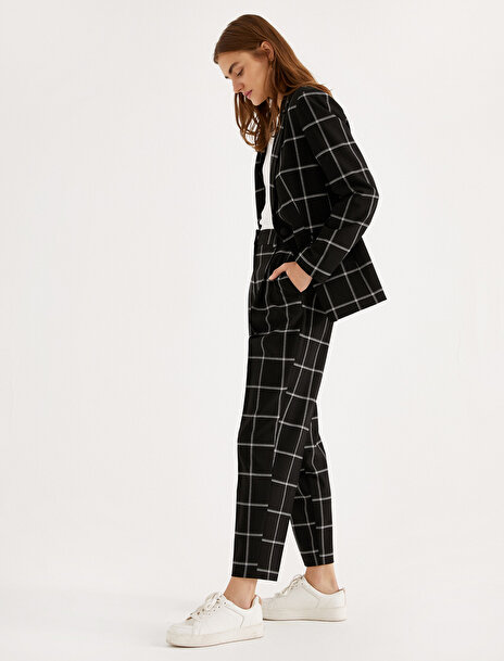Koton Kadın Yüksek Bel Ekoseli Oversize Pantolon