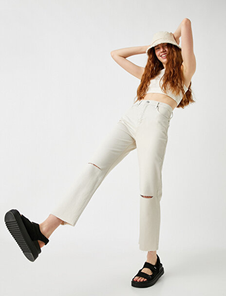 Koton Ole Genç Kız Yüksek Bel Dizi Yırtık Kot Pantolon - Eve Jean